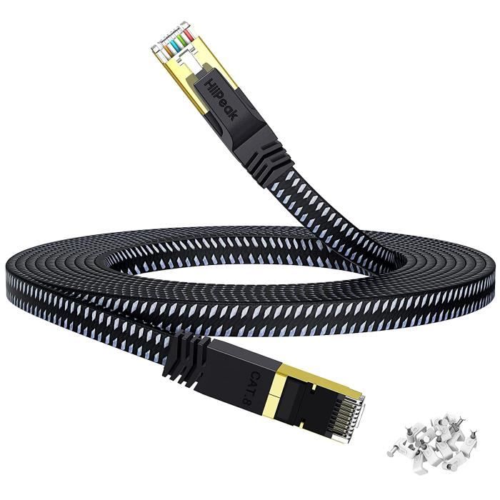Plat cable ethernet 5m cat 8 rj45 nylon tressé, cable réseau internet ...
