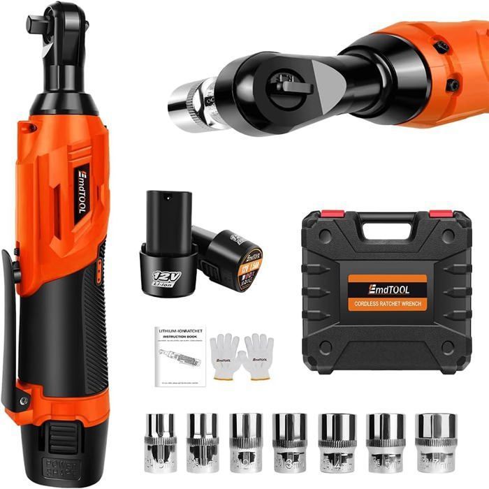 Clé à cliquet électrique sans fil 3/8 ", 40Nm - EmdTOOL - 7 Douilles, 2x 1.5AH Batteries ...