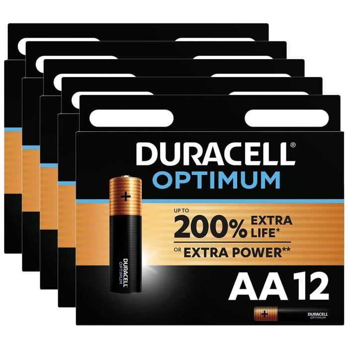 Lot de 5 Packs 12 Piles Alcalines Optimum MN1500 AA LR6 200% ExtraLife ...