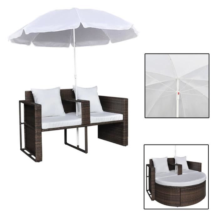 SIB Lit de jardin avec parasol Marron Résine tressée 130 x 58 x 77 cm ...