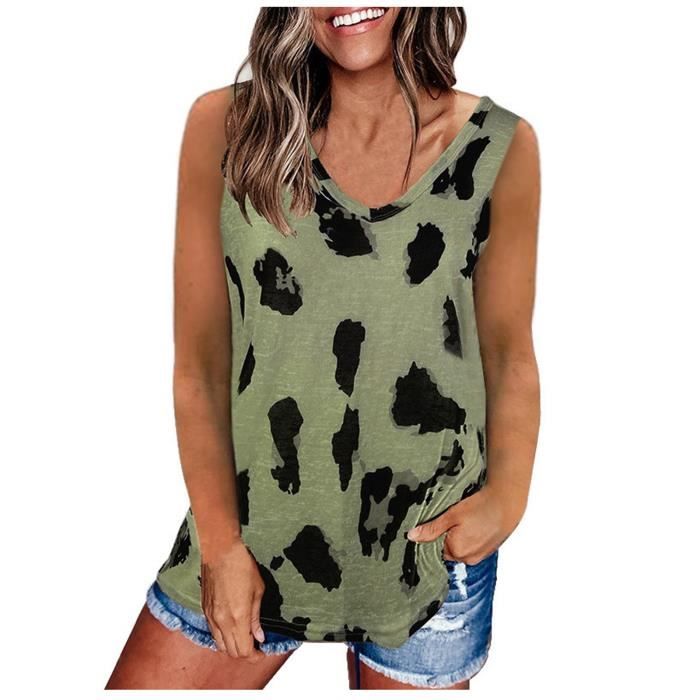 Caraco Sans Manches À Col Rond Et Imprimé Léopard Pour Femmes Vert Vert ...