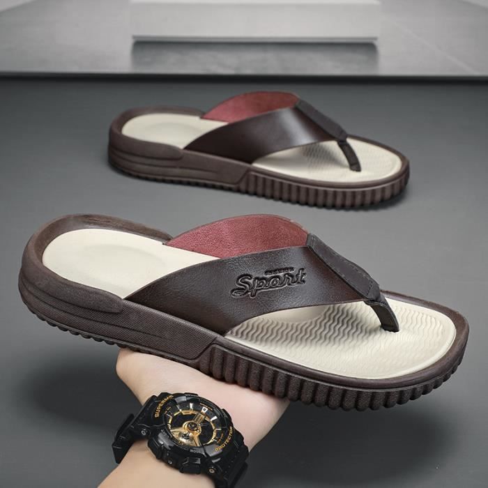 Tongs Homme Cuir Talon plat pour plage Doux Antidérapant Bicolore ...