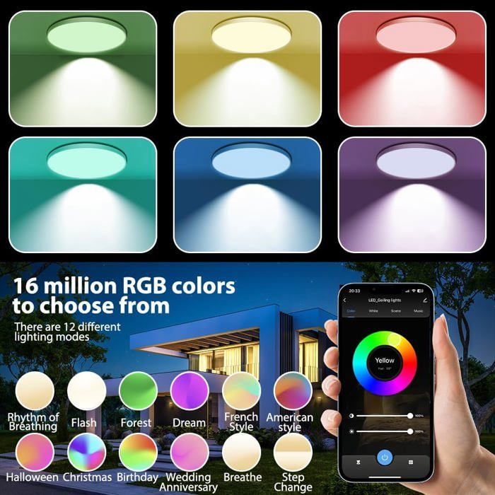 Plafonnier LED Intelligent RGB 24W Dimmable Lampe de Plafond Connectée ...