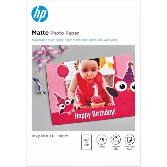 Papier photo mat HP - 180 g/m2 - 10 x 15 cm - 25 feuilles (7HF70A ...