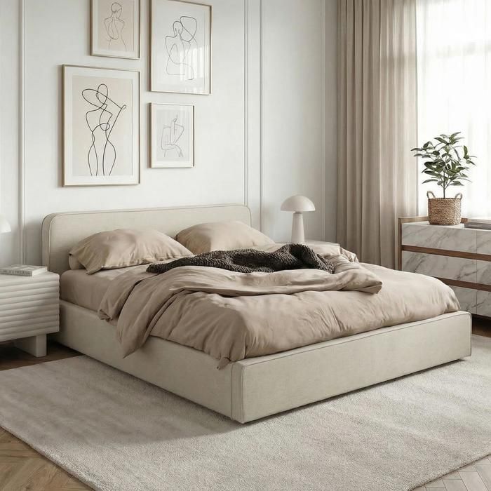 Lit double BELARTI 140x190 cm rembourré, Revêtement en tissu Beige, Lit ...