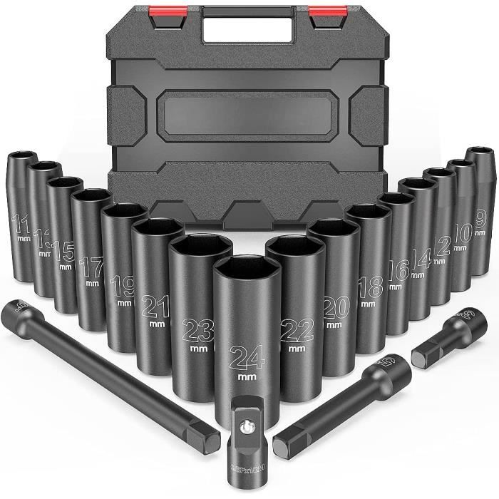 Jeu de Douilles à Impact 1-2"" 20pcs Coffret de Douilles à Chocs 6 Pans 9-24mm Douilles à Choc 1 ...
