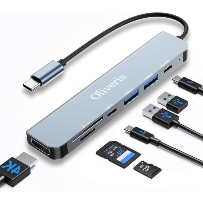 Hub Usb C 7 En 1 Avec Hdmi 4K, Répartiteur Usb C, Répartiteur Usb C, Lecteur De Carte Usb C Vers ...
