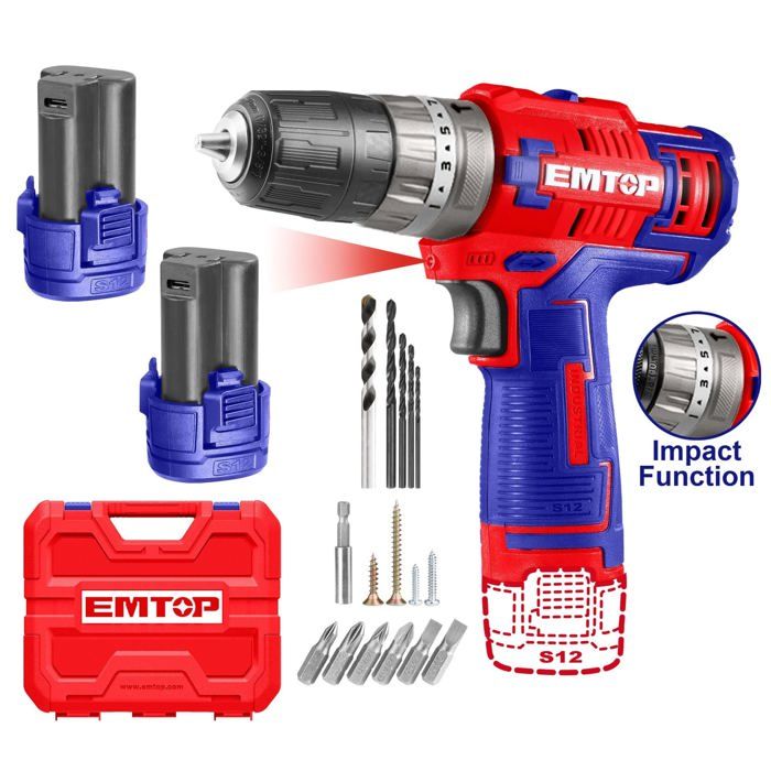 Perceuse visseuse sans Fil EMTOP 12V avec 2 Batteries Lithium-ion 1.5Ah ...