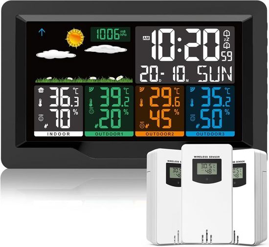 Station Météo Sans Fil Avec 3 Capteurs,Thermomètre Hygromètre Numériques Intérieure/Extérieure ...
