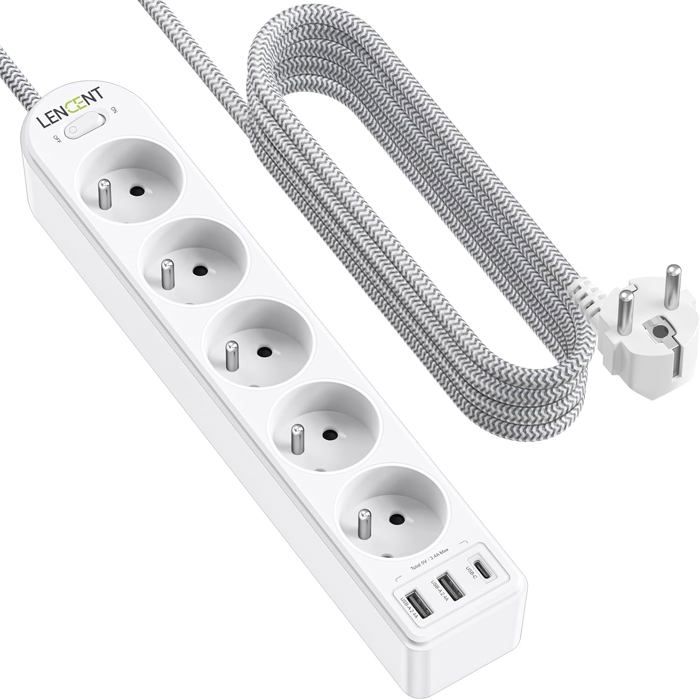 Bloc Multiprise Electrique Améliorée Avec 5 Prises, 2 Usb Et 1 Type C Avec Interrupteur, Tressé ...