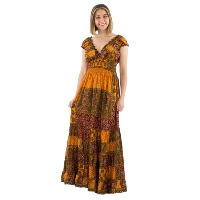 Robe Coline longue bohème imprimé patch ethnique Orange - Cdiscount ...