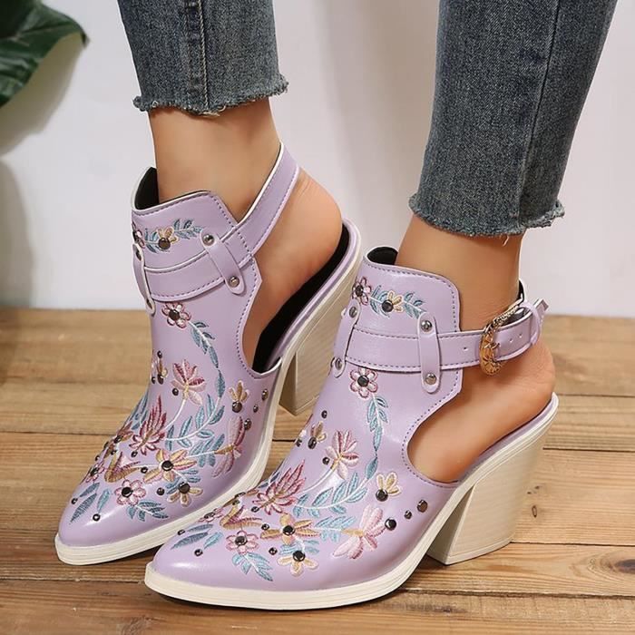 Chaussures d'été pour dames brodées à talons hauts sandales à bout ...