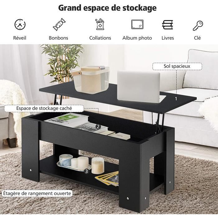 GOPLUS Table Basse avec Plateau Relevable, Espace de Rangement Caché sous Plateau, Style Moderne ...