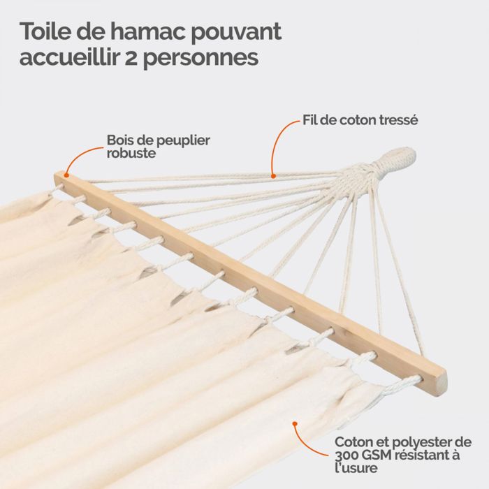 Toile de hamac 2 personnes 150 x 270 cm avec système d'attache - Beige ...