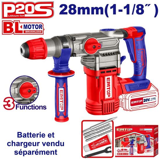 Marteau perforateur Burineur sans fil EMTOP 20V Moteur brushless avec 3 ...