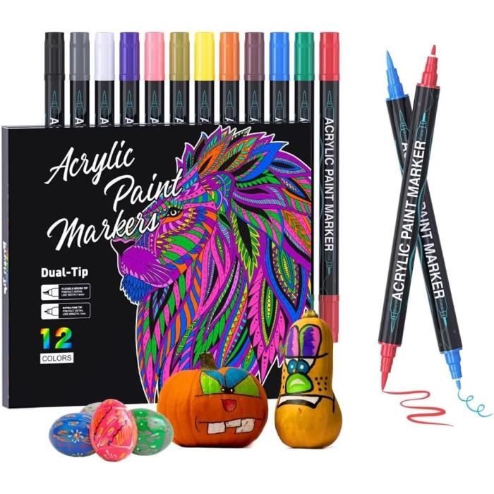 12 Couleurs Feutre Acrylique, Feutre Peinture Acrylique Double Pointe ...