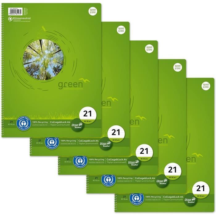 Green Collegeblock Lot de 5 blocs de papier recyclé 70 g-m² Format A4 ...