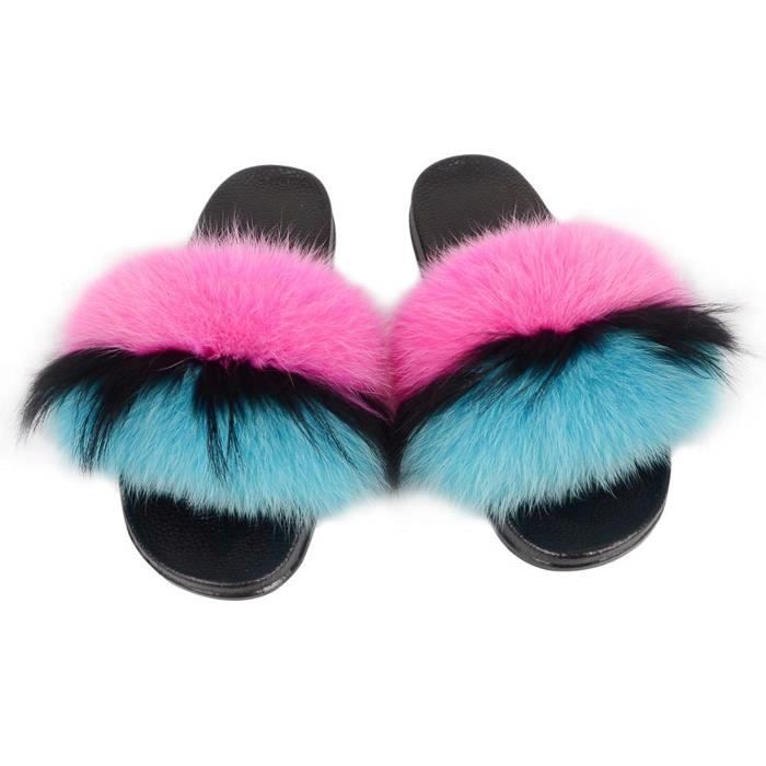 Chausson Z0SWG Real Fox Fur Slides Slipper Sandal Fluffy Slides for ...