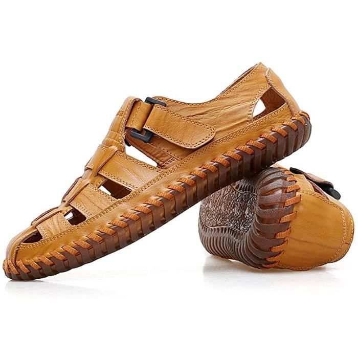 Sandales Homme Cuir Confort Été - Marron - Brun - Scratch - Taille 42 ...
