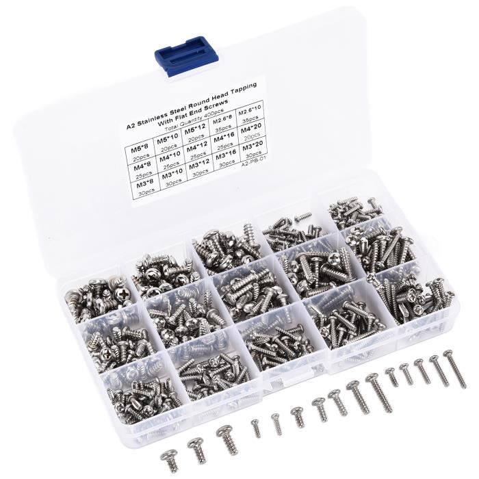 Kit d'assortiment de vis autotaraudeuses à tête cylindrique croisée 400 pièces en acier - YOSOO ...