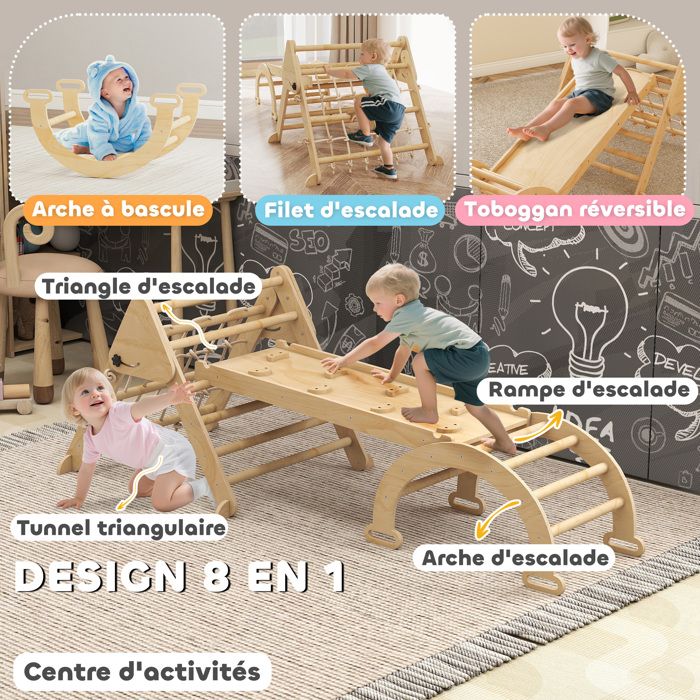 Triangle d'escalade enfants 8 en 1 avec rampe double face, arc d ...