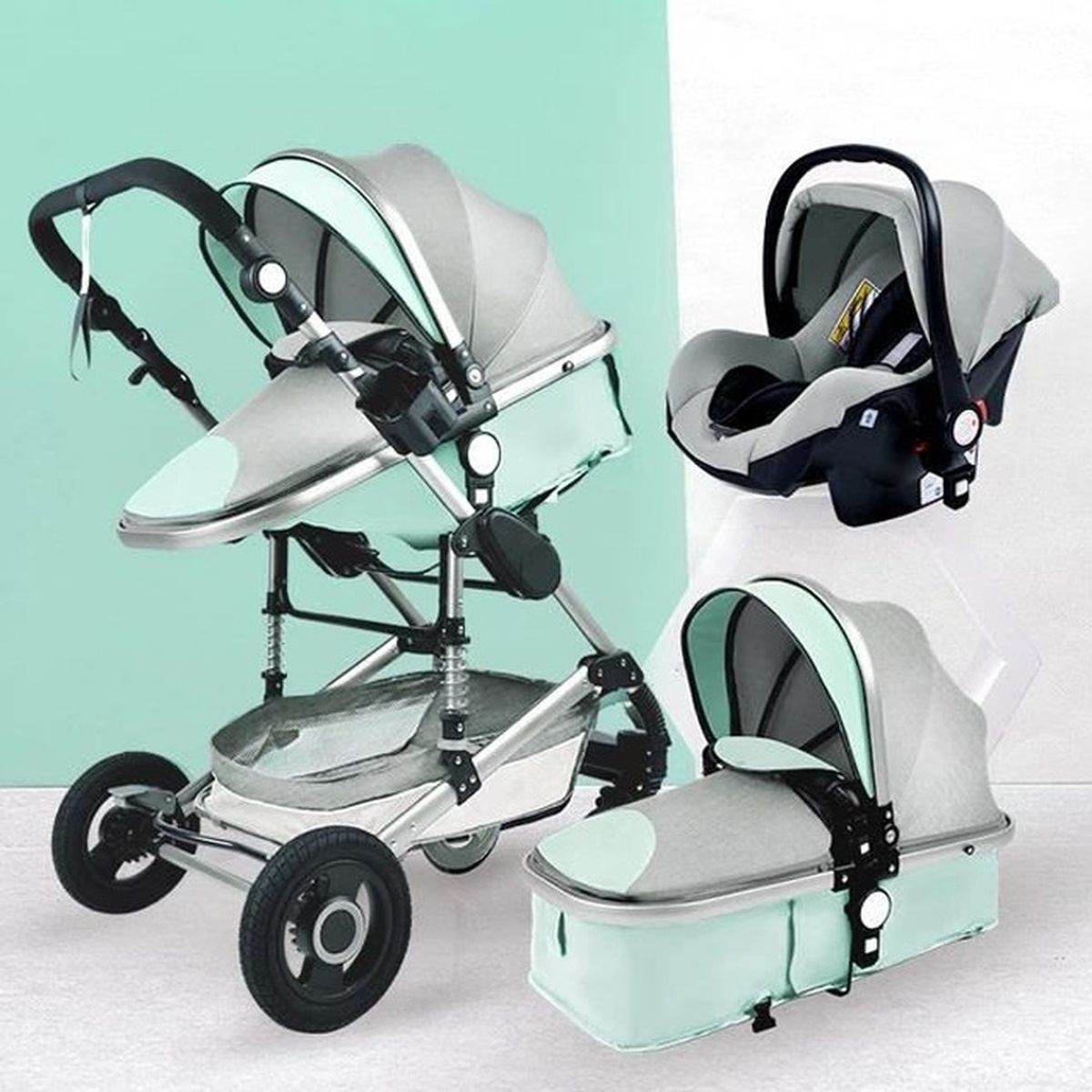 Poussette Bébé Combinée Trio Pack 3 en 1 Gris-Vert Châssis Haut ...