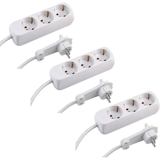 Multiprise 3 Prises–Fiche Extra Plate–Câble De 1,4 M–Blanc–Ip20 ...