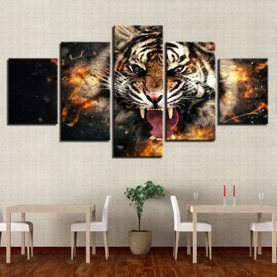 Tableaux 5 Parties Animal Tigre Rugissant Toile Impression moderne sur ...