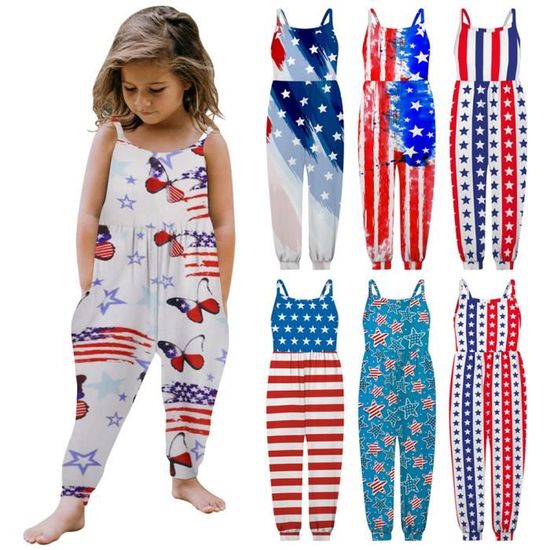 1-6 Ans Combinaison Bretelles Spaghetti Imprimé Drapeau Américain Bébé ...
