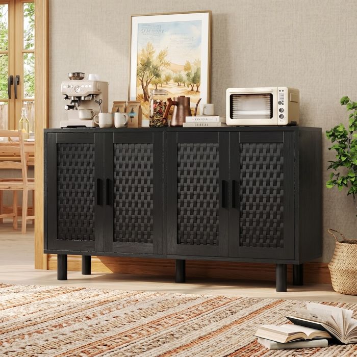 Buffet Salle a Manger Noir, Buffet Bas Salon avec 4 Portes, Meuble ...