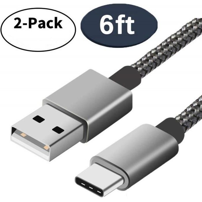 Câble USB de type C, (lot de 2 2M), (gris foncé), cordon de charge ...