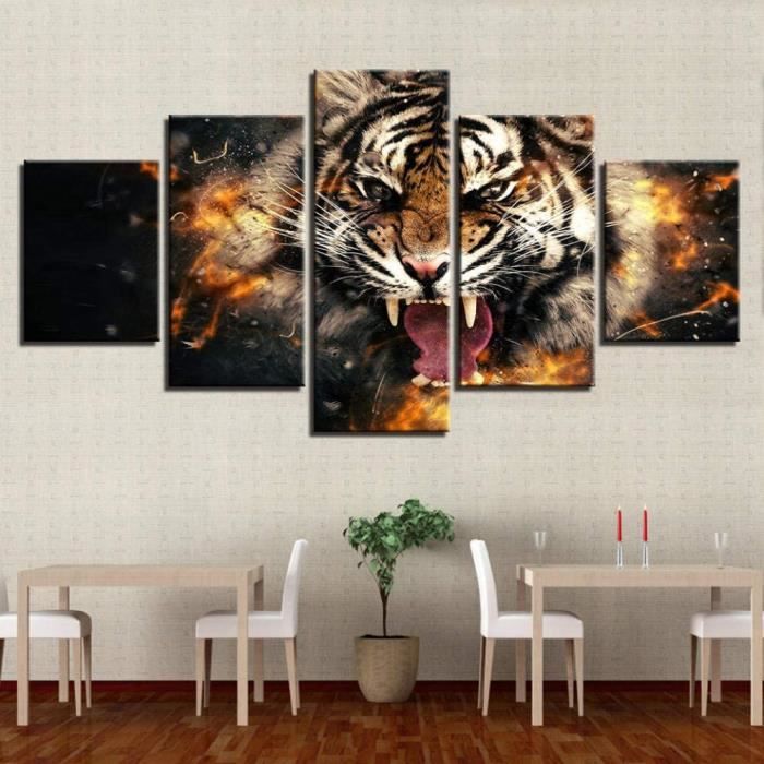 Tableaux 5 Parties Animal Tigre Rugissant Toile Impression moderne sur ...