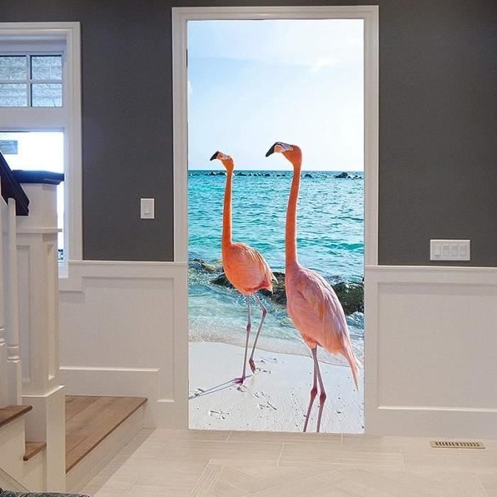 Sticker Porte Autocollant Poster de Porte 3D Flamant Rose Marchant Sur ...