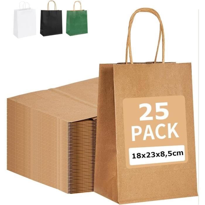 ® Lot De 25 Sacs En Papier Marron Avec Anse - 18 X 21 X 8 Cm - Sacs De ...