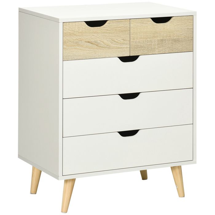 Commode design scandinave - HOMCOM - 5 tiroirs coulissants - Blanc ...