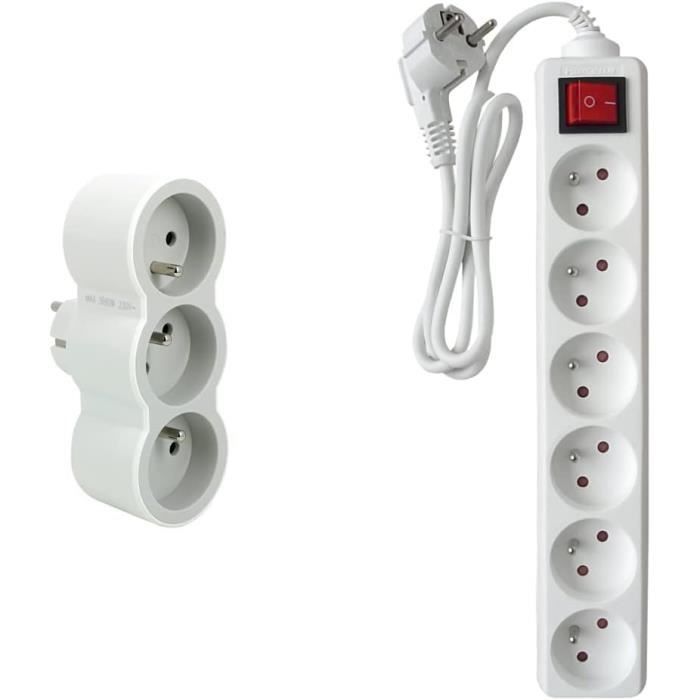 Fiche Multiprise Avec 3 Prises Frontales Avec Terre - Blanc Et Gris ...
