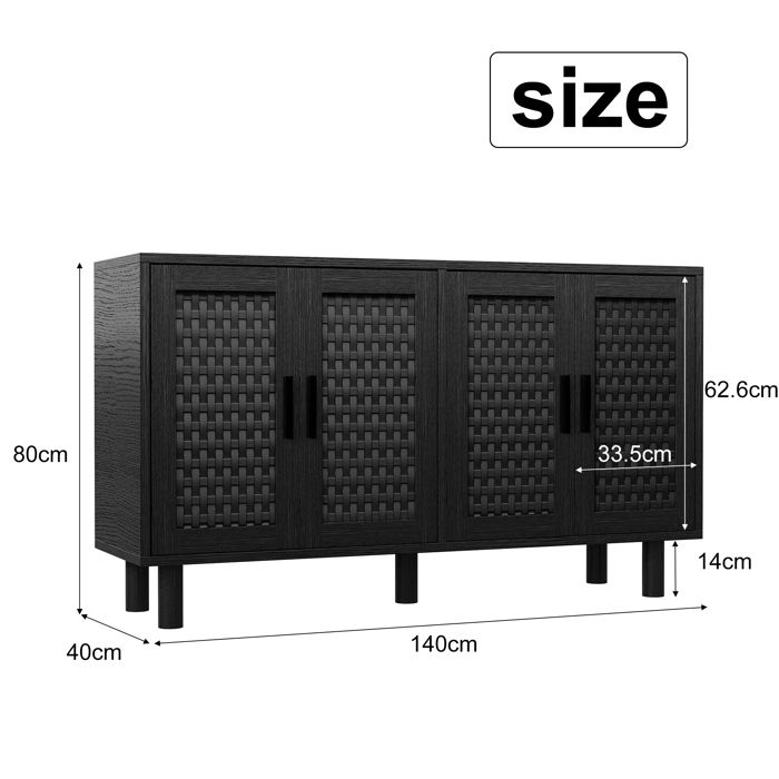 Buffet Salle a Manger Noir, Buffet Bas Salon avec 4 Portes, Meuble ...