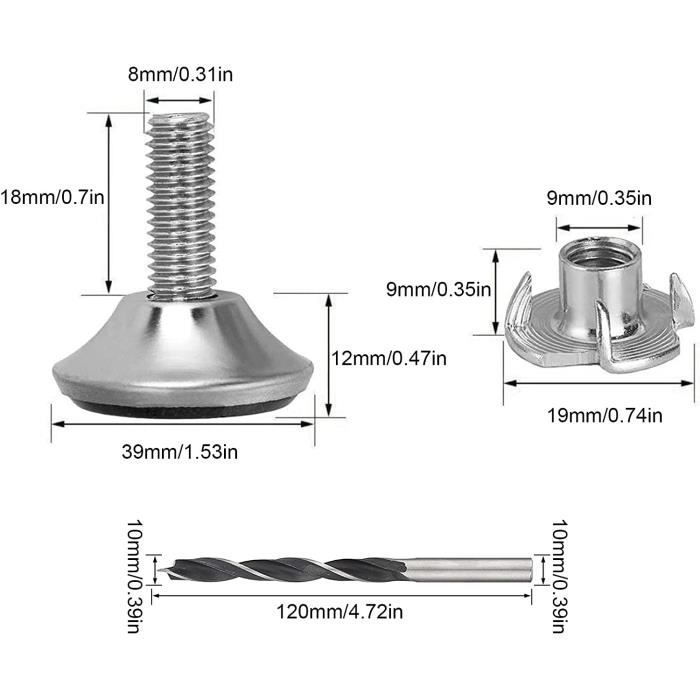 20Pcs Pieds Vérin de Meuble, M8 x 40mm Pieds de Meuble Ajustables, Vis ...
