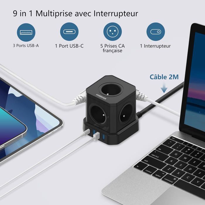 Multiprise - VNSDHBUFGFGJHFG - Cube 5 Prises - 3 Ports USB - 1 Port ...