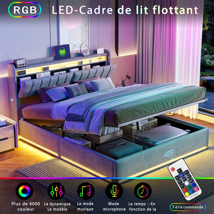 Lit 140x190 Coffre Led -Tête de Lit Capitonné avec Rangement & USB/Type ...