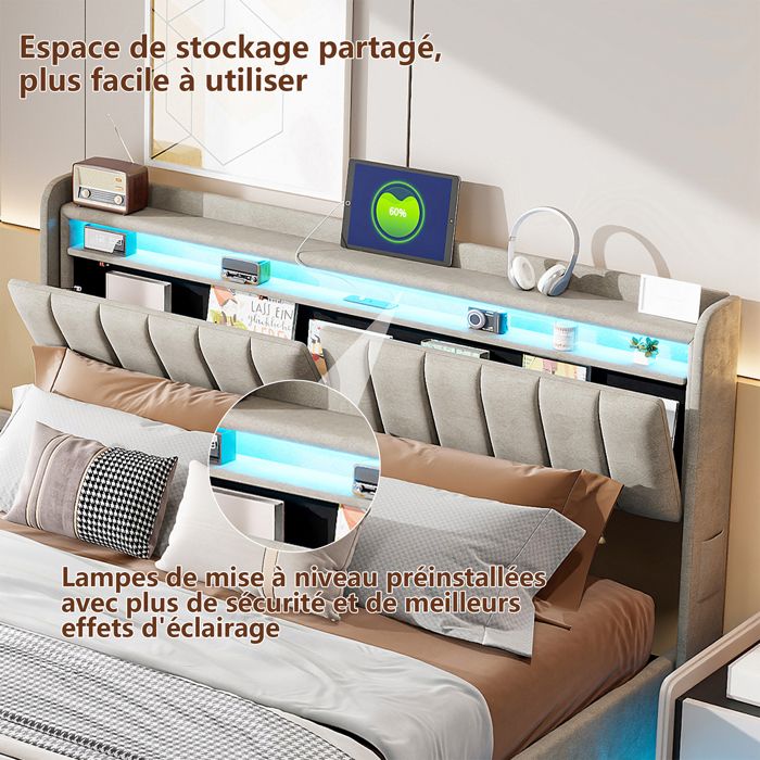 Lit 140x190 Coffre Led -Tête de Lit Capitonné avec Rangement & USB/Type ...