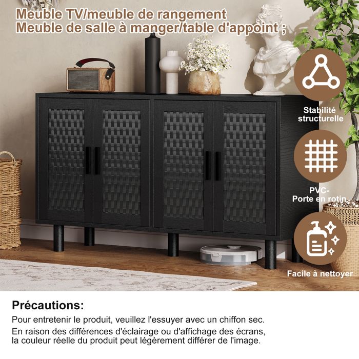 Buffet Salle a Manger Noir, Buffet Bas Salon avec 4 Portes, Meuble ...