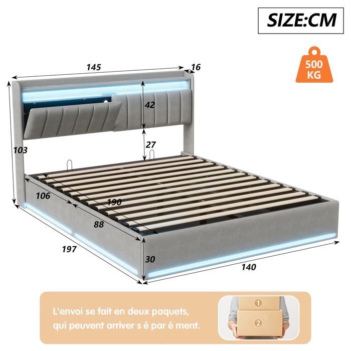 Lit 140x190 Coffre Led -Tête de Lit Capitonné avec Rangement & USB/Type ...
