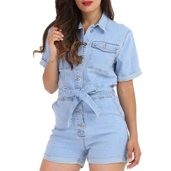 La Modeuse-Combinaisons-Combi-short en jeans style utilitaire à 7 boutons et ceinture à nouer ...
