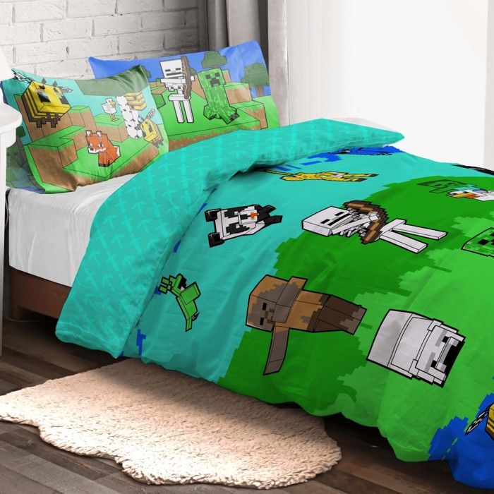 Minecraft Mode Créatif, Parure de lit enfant 140x200 cm, 100% Coton ...