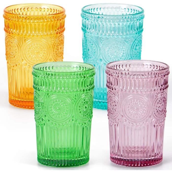 Lot de 4 verres à eau colorés en relief, vintage, verres multicolores ...