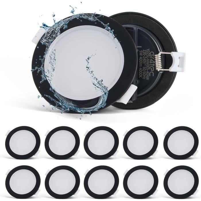 Spot LED Encastrable Noir Extra Plat, 10 x 5W Spot Salle de Bain IP65, Spot Encastré 4000K Blanc ...