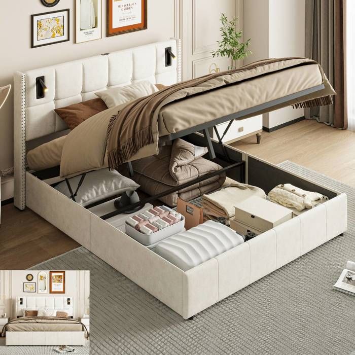 Lit coffre 160x200 cm - LEWW - USB et Type C - Lampe de lecture - Rivet ...