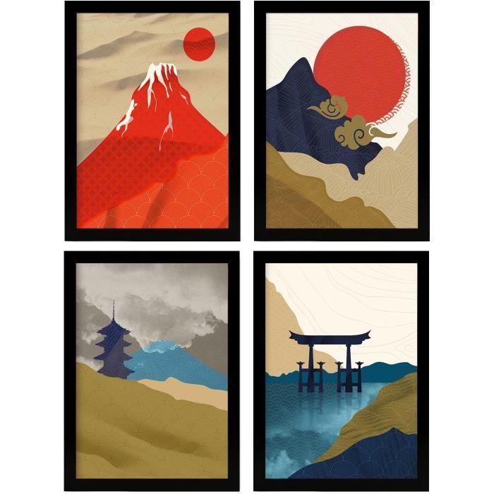 Ensemble De 4 Affiches Japonaises Temples. Estampes Et Illustrations À ...