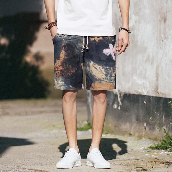 Short,Short japonais en lin pour hommes, Streetwear imprimé avec cordon ...